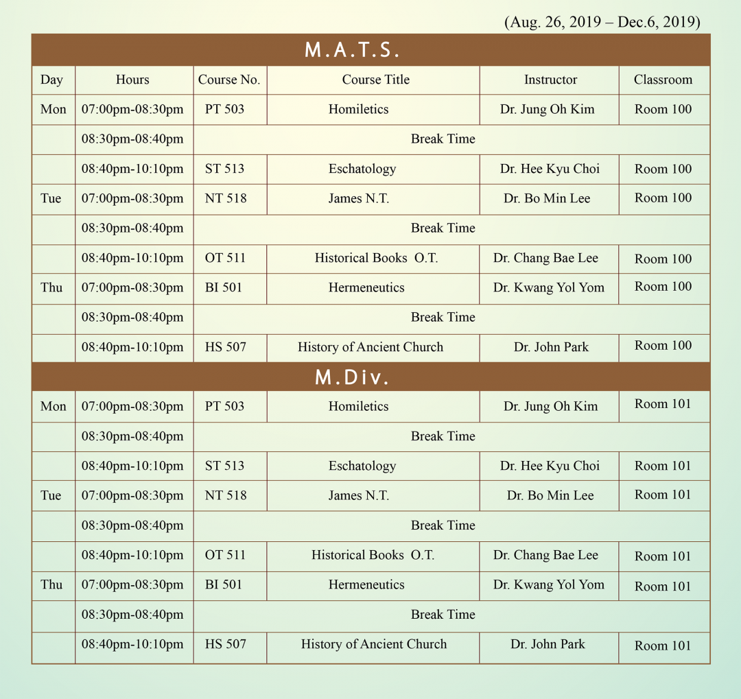 2019 Fall Class Schedule | Tyndale International University