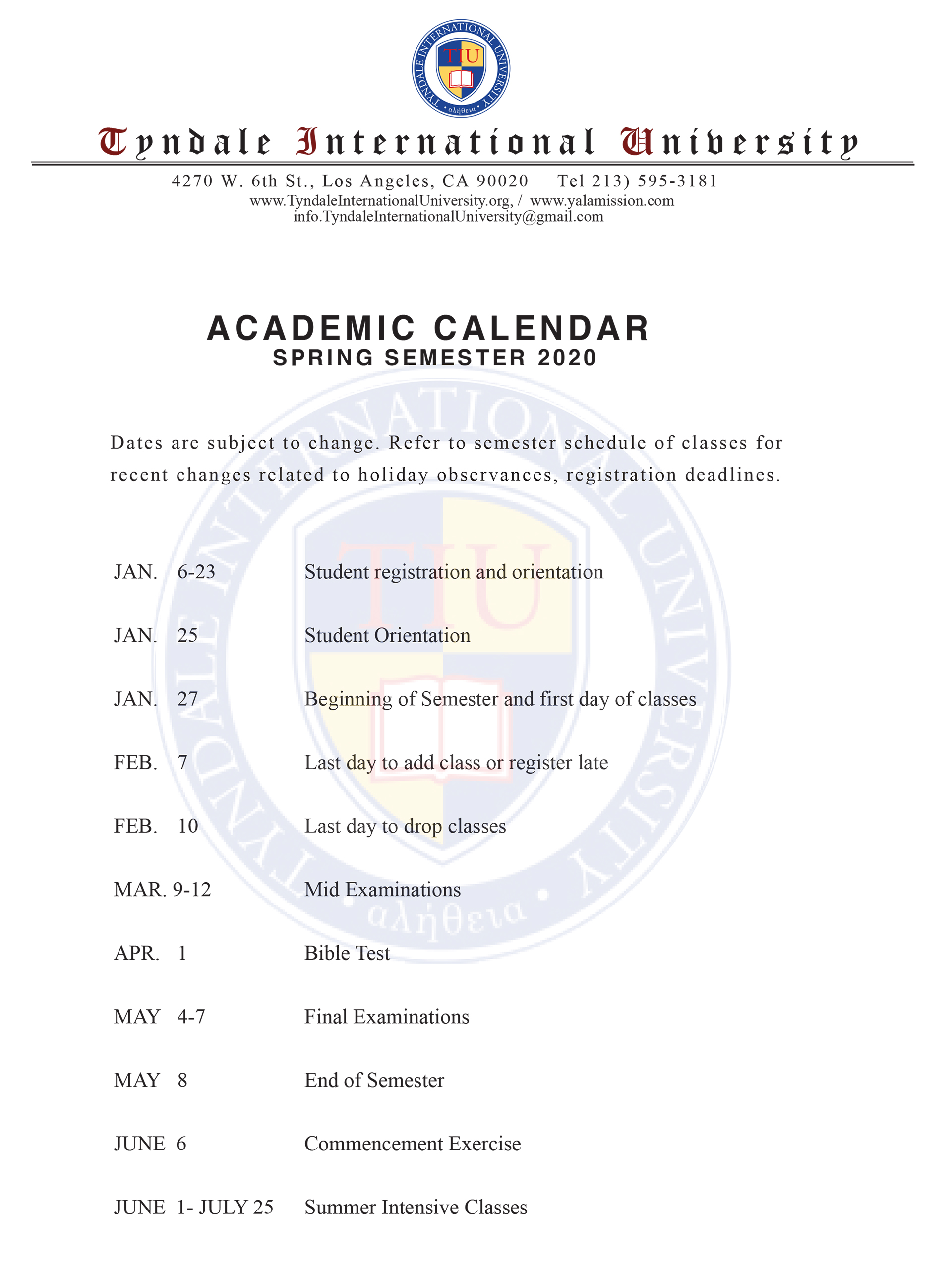 Academic Calendar | Tyndale International University